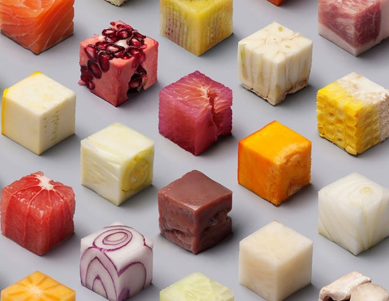 98 Pieces Of Food Cut Up Into Perfect Geometric Cubes May Induce Hunger ...