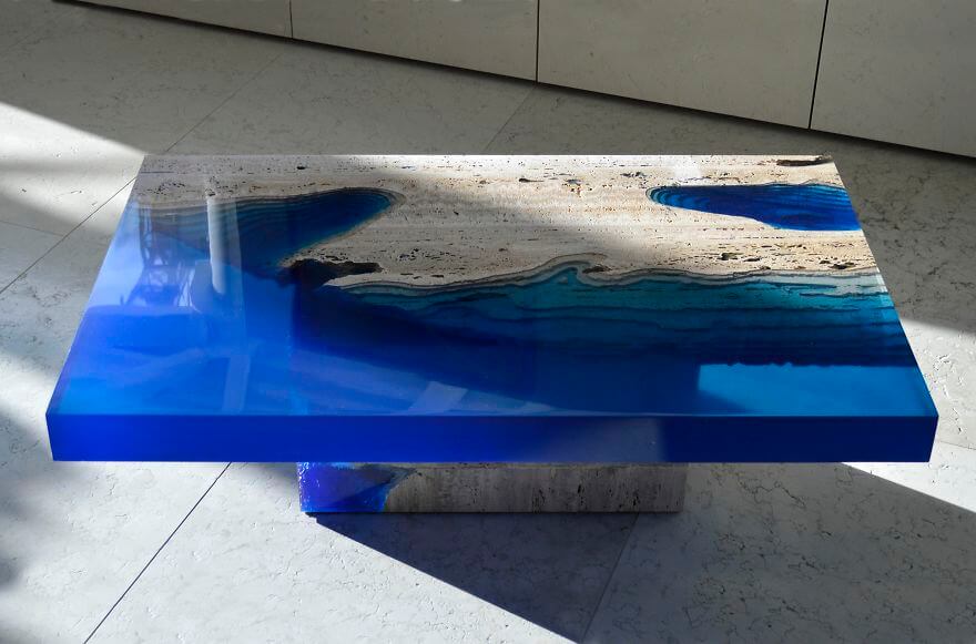 Lagoon Tables Built By Merging Resin With Cut Travertine Marble > FREEYORK