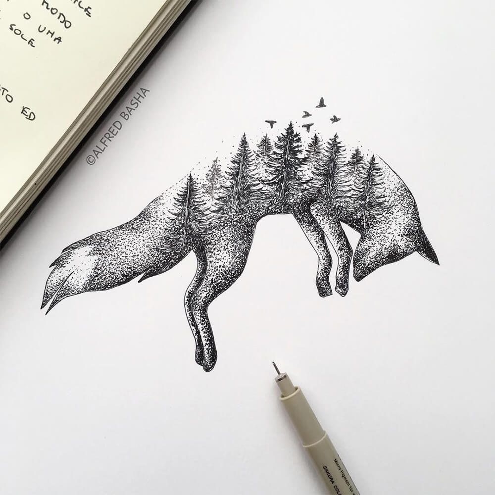 Alfred Basha's Pen & Ink Sketches of Trees Growing into Animals | FREEYORK